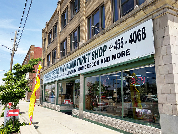 Cobb's Second Time Around beckons with its straightforward storefront. That "OPEN" sign glows like a beacon for bargain hunters cruising through Erie.