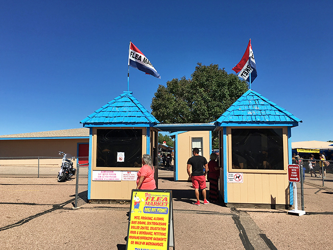 Those cheerful blue booths signal weekend fun ahead - where community gathering meets serious treasure hunting.
