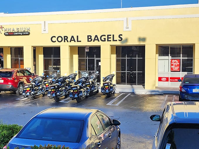Coral Bagels' sunny yellow storefront brightens any morning. Those police motorcycles prove even Miami's finest know where to get breakfast!