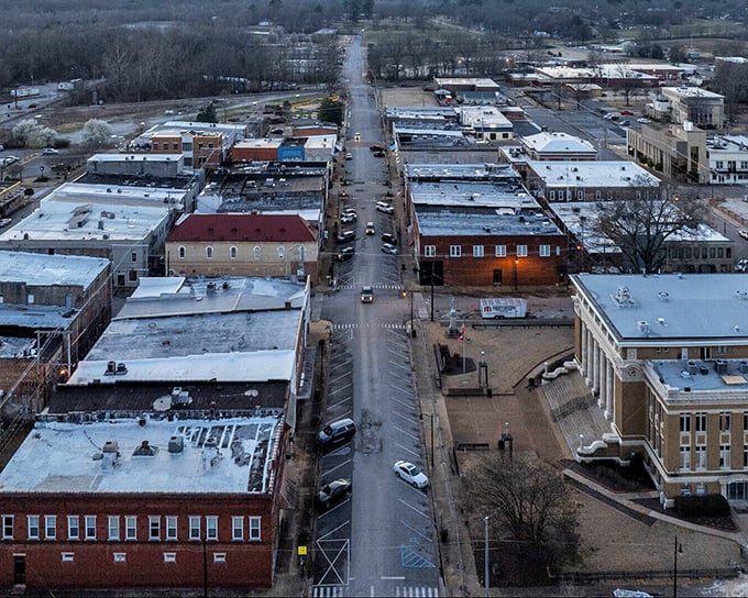 Corinth's aerial view reveals a town designed for human scale, not highway speeds. A perfect grid of possibility and peace.