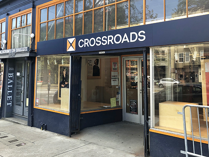 Crossroads Trading's sleek blue storefront brings boutique vibes to thrift shopping. That corner location in San Francisco promises curated fashion finds for the discerning shopper.