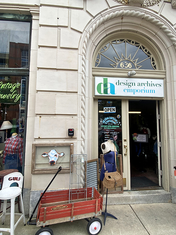 Design Archives' historic building entrance whispers stories of vintage treasures and handcrafted wonders waiting inside. 