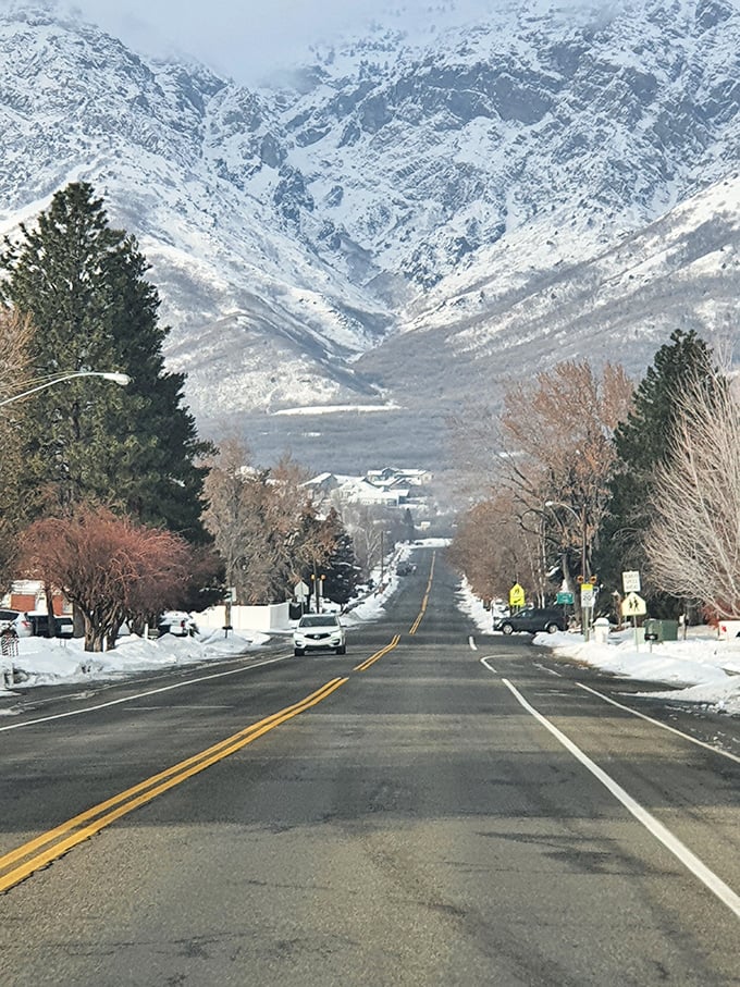 Winter's postcard moment: Eden's main street stretches toward snow-capped peaks like nature's own welcome mat.