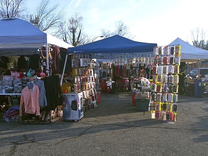 White tents line up in organized rows, transforming church grounds into a festive community marketplace every weekend.