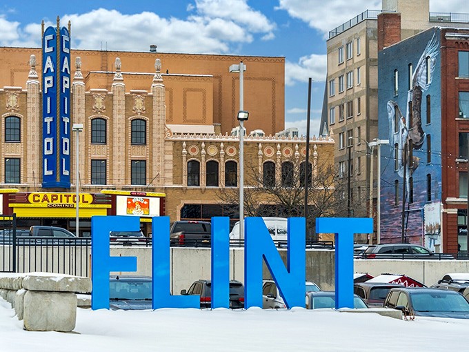 Flint’s blue letters stand out in the snow, symbolizing a resilient city writing its own comeback story.