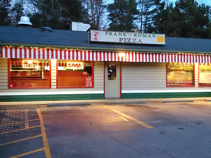 Frank's candy-cane striped awning brings childhood joy to grown-up pizza cravings in the North Carolina mountains.