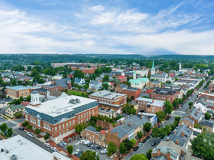 This aerial view of what appears to be Fredericksburg shows the perfect grid layout of a classic American small town.