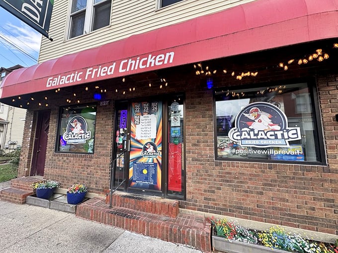 Galactic's red awning promises chicken that's out of this world. The cosmic journey begins at this corner spot.