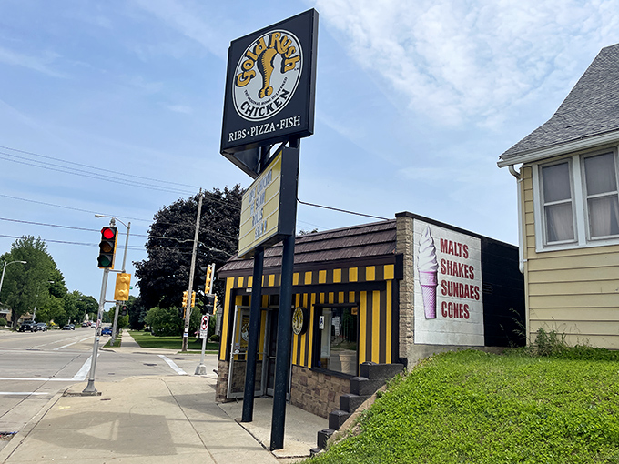 Those bold yellow and black stripes announce Gold Rush Chicken like a treasure map marking the spot where crispy perfection awaits.
