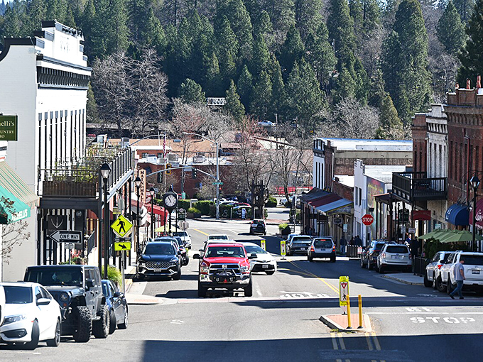 Grass Valley's Main Street slopes gently downward, where Victorian charm meets practical mountain town living.