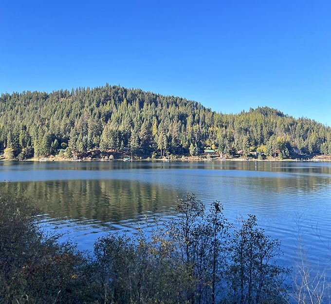 Mirror-like waters reflecting pine-covered hills &ndash; Mother Nature showing off her photoshop skills without using a computer.