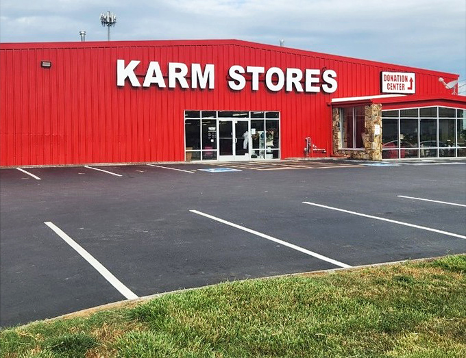 KARM's bold red exterior matches the warm hearts inside - shopping that helps the community.