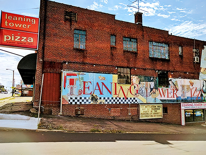 Leaning Tower of Pizza: That colorful mural and vintage sign have been promising "REAL FOOD IS BAKED NOT FRIED" since 1957!