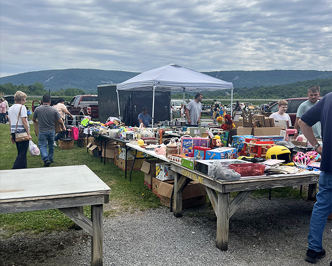Mountain view merchandise! Tables loaded with toys and treasures await shoppers against Pennsylvania's stunning rolling hills and blue skies.