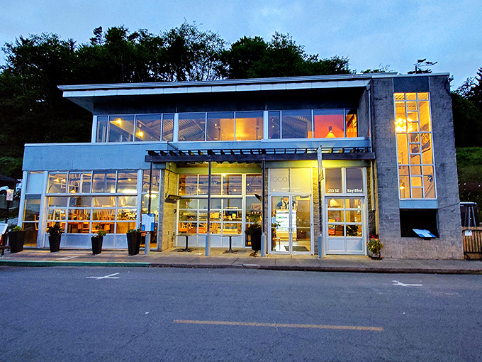 Sunset transforms Local Ocean into a glowing beacon of seafood excellence on Newport's historic bayfront.