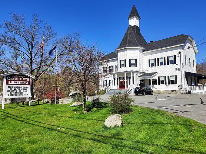 This charming white building with its distinctive steeple houses treasures that would make grandma proud.