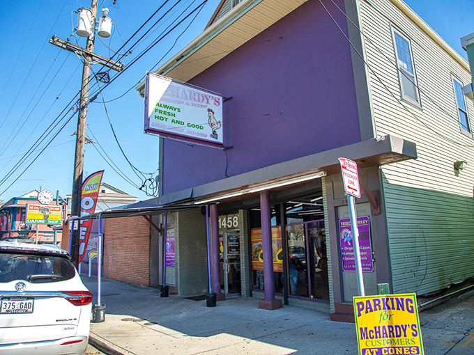 That purple building isn't trying to blend in &ndash; it's as bold and distinctive as the chicken waiting inside.