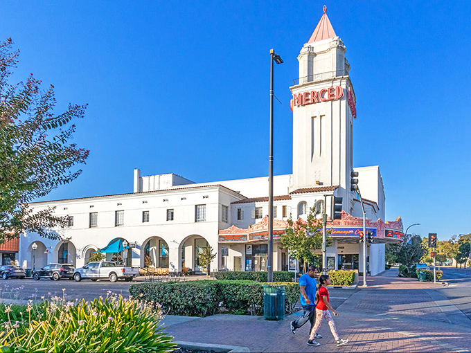 Merced's historic theater tower stands as a landmark in this affordable retirement destination, its Spanish revival style capturing California's heritage.