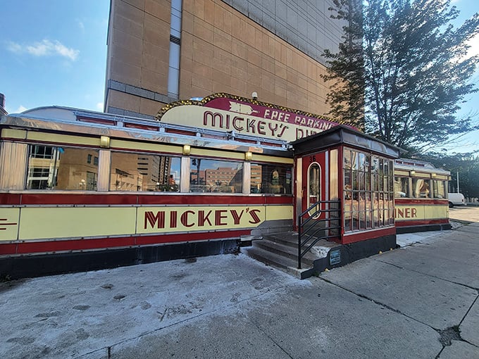 Railroad car diners like this one represent America's breakfast heritage preserved in gleaming stainless steel perfection.