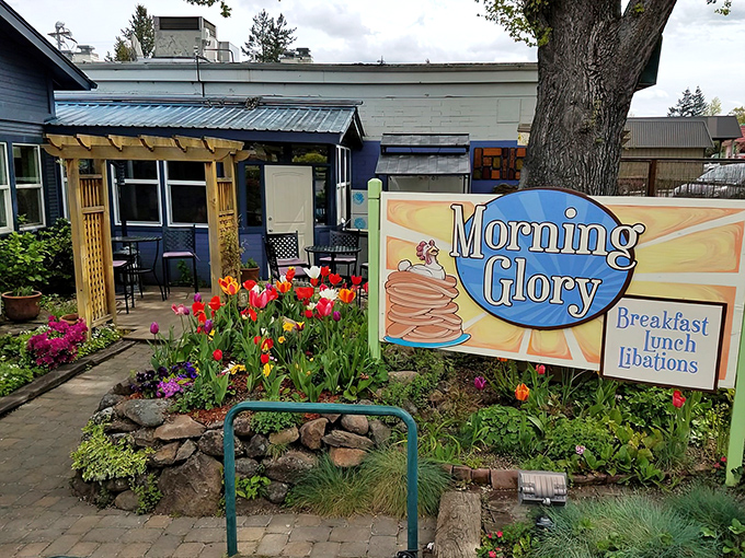 Morning Glory's garden setting makes waiting for a table feel like a spa day. Flowers, coffee, and pancakes&mdash;the breakfast trifecta.