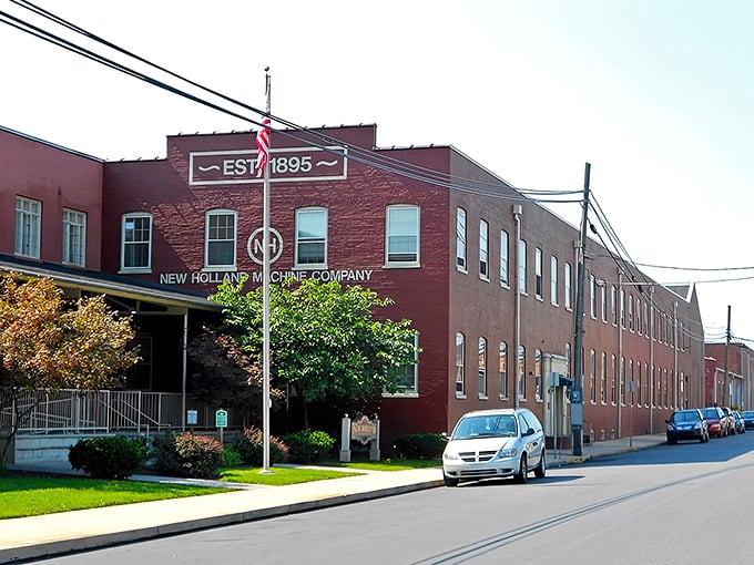 New Holland's industrial heritage shines through its historic brick buildings, where farm equipment has been manufactured since 1895.