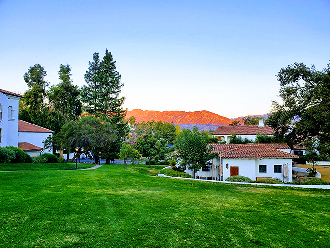 Ojai's Spanish-style arcade creates the perfect frame for mountain views and that famous pink moment magic.
