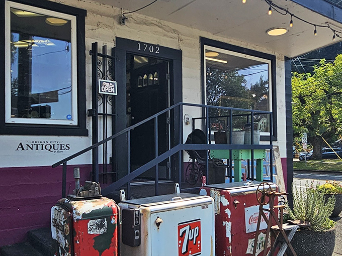 Vintage gas pumps stand guard outside this unassuming treasure trove &ndash; like sentinels from a more stylish era.