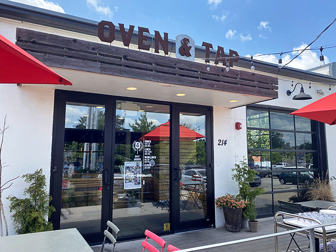 Oven & Tap's modern glass front reveals the artistry happening inside this Bentonville hotspot.
