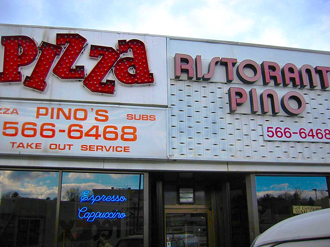 Pino's cheerful storefront promises the kind of neighborhood pizza experience that builds lifelong food memories.