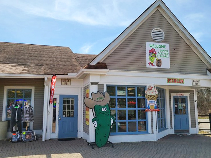 Pocono's distinctive pickle mascot greets visitors with a goofy grin. Nothing says "serious antiques" quite like a cartoon cucumber welcoming you to retail therapy.