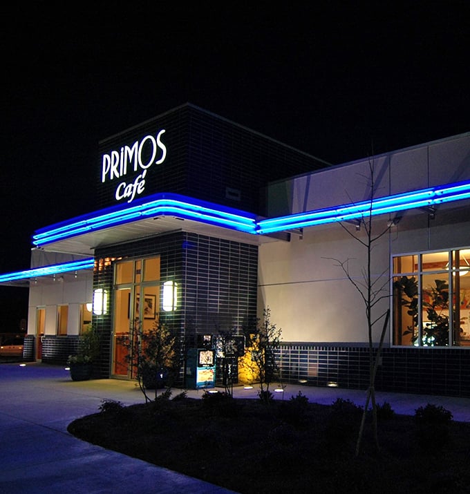 This sleek blue exterior hints at the elevated comfort food experience waiting inside.