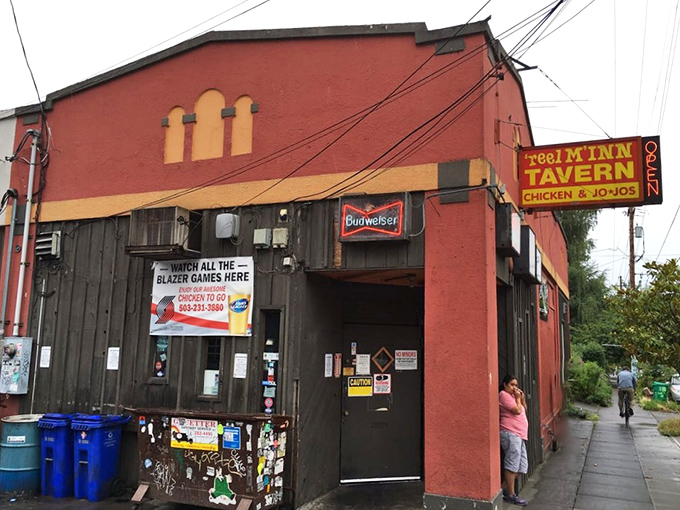Reel M Inn's weathered exterior tells stories of Portland nights fueled by perfect chicken, cold beer, and neighborhood camaraderie.