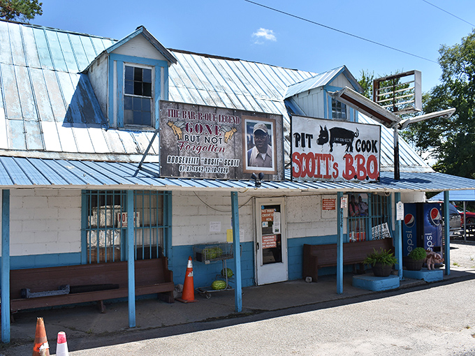 The barbecue legend lives on at Scott's, where that blue building has launched a thousand road trips.