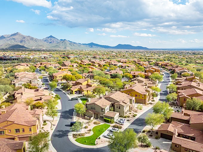 Scottsdale's planned communities create living art from above, where curved streets challenge the desert's preference for straight lines.
