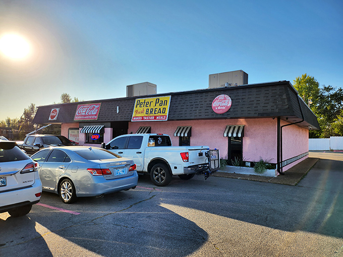 Sherri's Diner's pink facade stands out like a delicious throwback to the golden age of roadside dining.