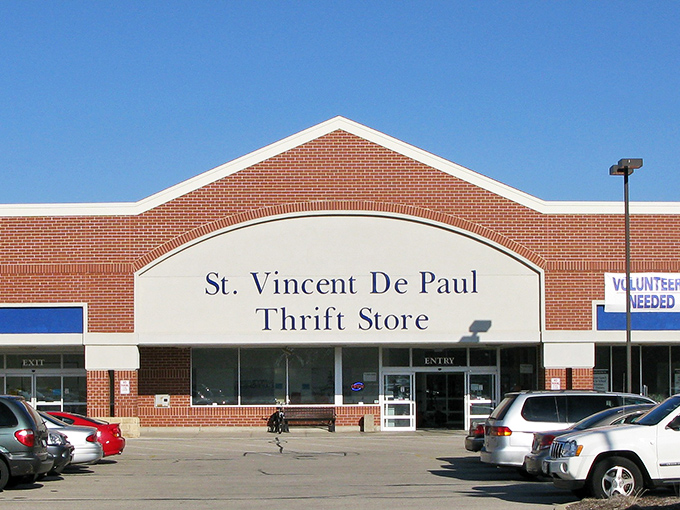 The classic brick facade of St. Vincent de Paul Waukesha - where your shopping dollars stretch and support local causes.