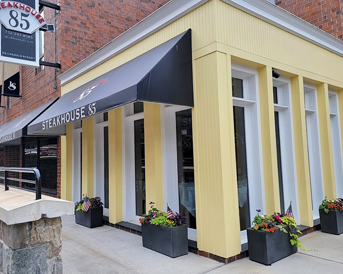 Bright yellow columns frame New Brunswick's steak destination - where college town meets serious beef.