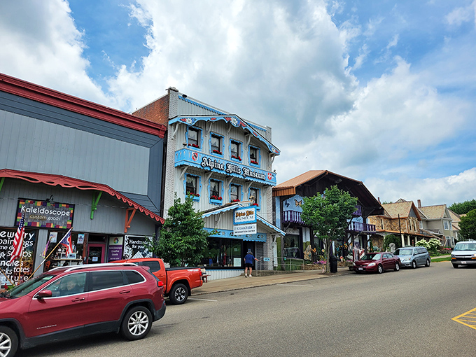 Sugarcreek's "Little Switzerland" blue building brings European charm without requiring a European-sized bank account. Retirement dollars go Alpine-far!