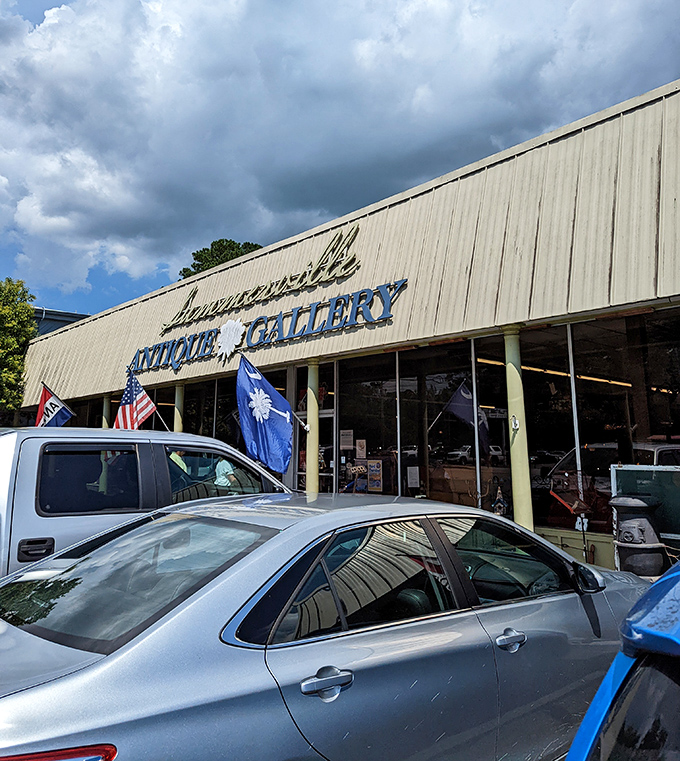 Patriotic flags signal serious antique business happening inside this Summerville treasure trove of vintage delights.