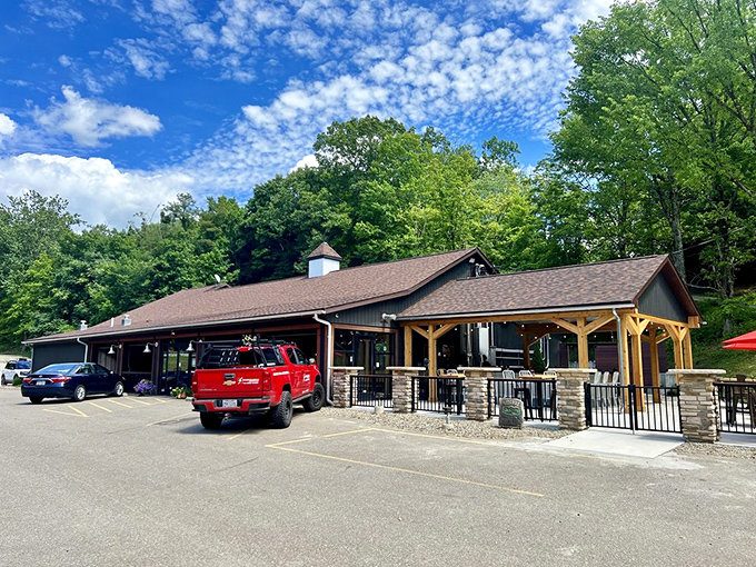 That rustic cabin charm and carved bear promise authentic steaks in Ohio's beautiful countryside.