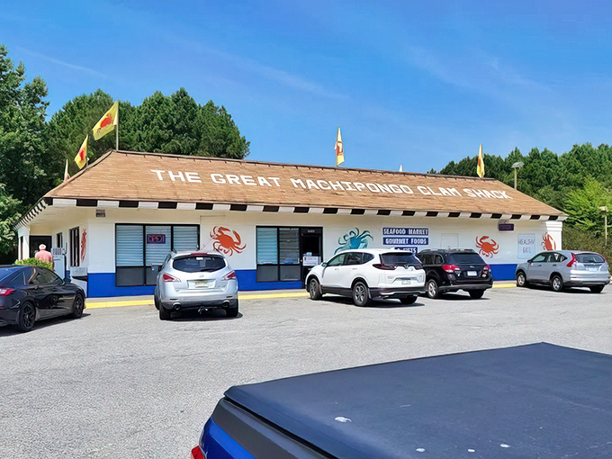 The Great Machipongo Clam Shack wears its seafood pride on its walls – those painted crabs aren't just decoration.