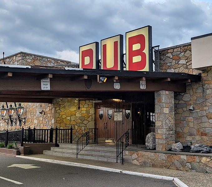 The Pub's bold red letters cut right to the chase – no fancy name needed when your steaks speak this loudly.