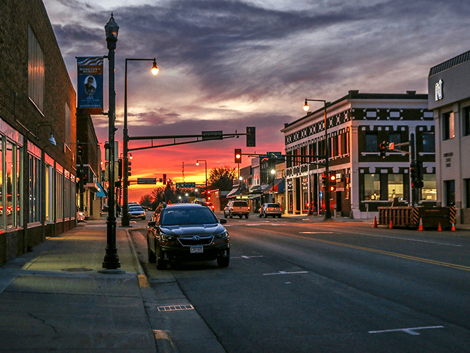 Thief River Falls&rsquo; downtown glows under a striking sunset, where historic architecture meets small-town warmth at the end of the day.