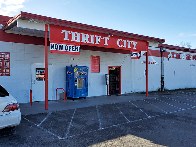 Thrift City's bold red exterior announces serious bargain hunting ahead - no subtlety needed here!
