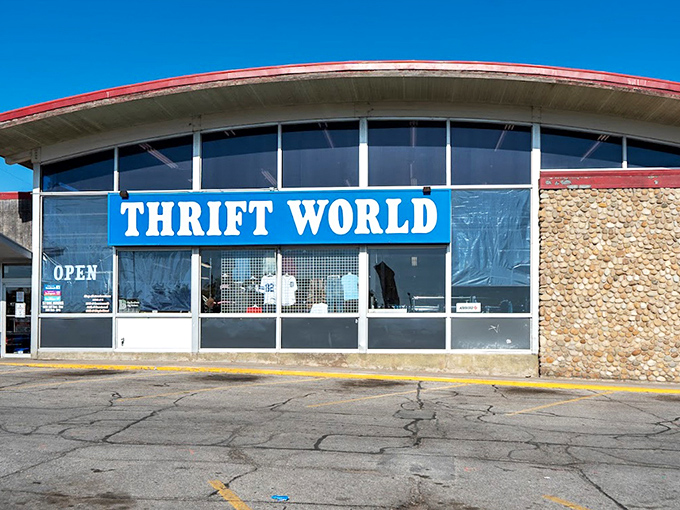 Thrift World's curved architecture and bright blue sign make it an unmistakable landmark for Omaha bargain hunters.