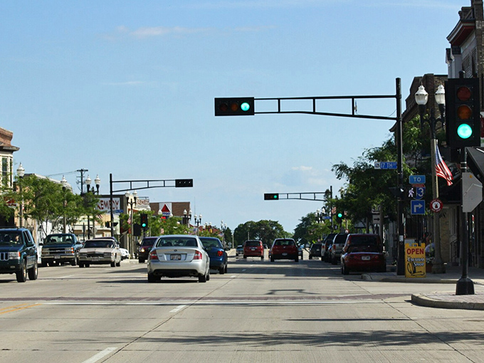 Two Rivers' downtown stretches toward the horizon like a postcard from America's golden age of prosperity.