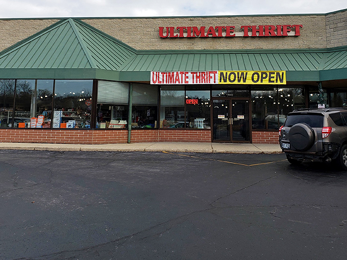 Ultimate Thrift's bold red signage announces its presence like a town crier for bargain hunters seeking their next great find.