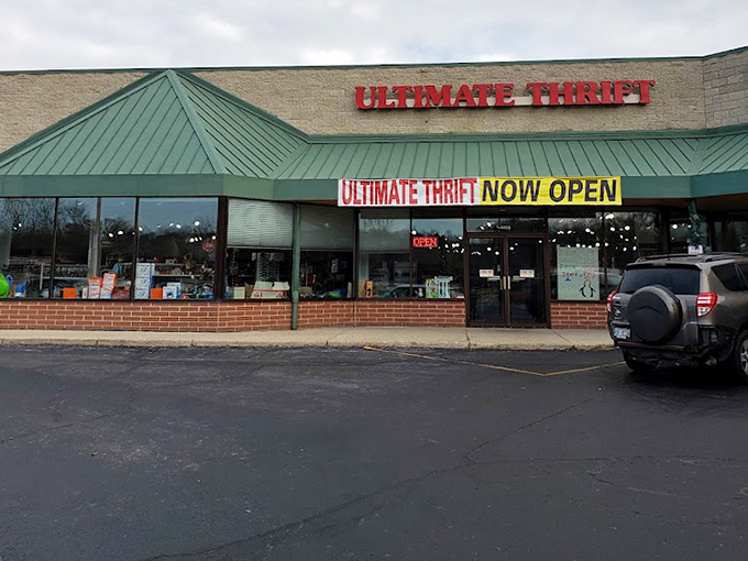 Ultimate Thrift's green roof and "Now Open" banner announce serious business for bargain hunters.