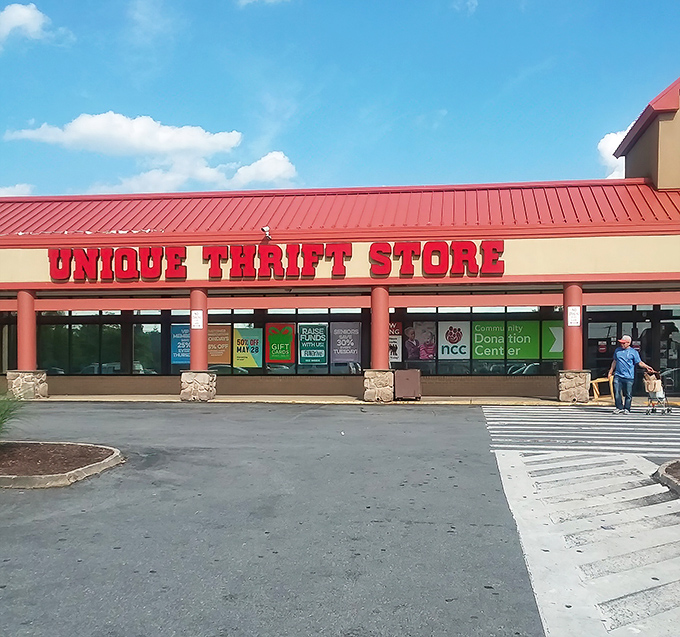 Unique's bold red lettering announces itself like a carnival barker for the bargain-minded.