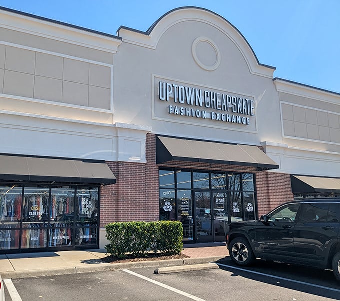 Uptown Cheapskate's elegant storefront brings upscale vibes to Virginia Beach's secondhand scene.